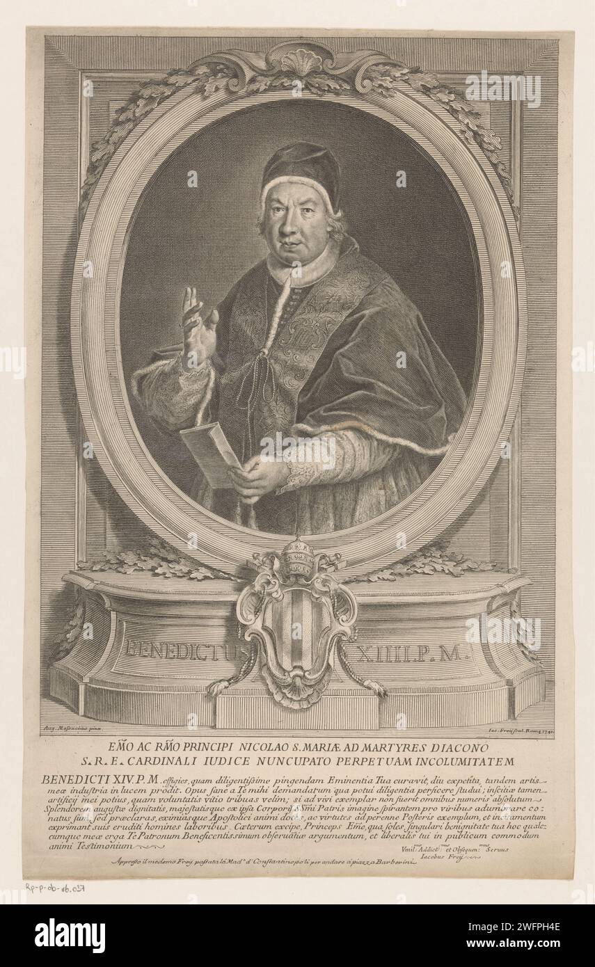Portret van Benedict 14, Jakob Frey (1), after Agostino Masucci, 1741 ...