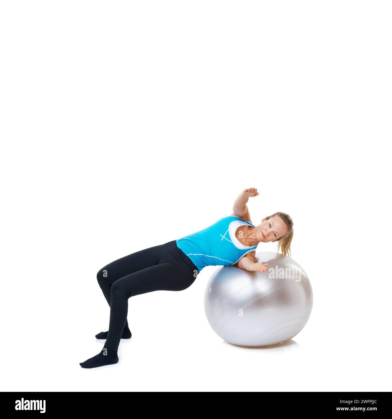 Portrait, fitness and happy woman stretching on an exercise ball in ...