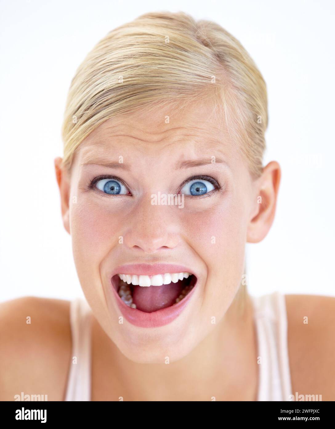 Portrait, screaming and woman scared, surprise and yelling isolated on ...