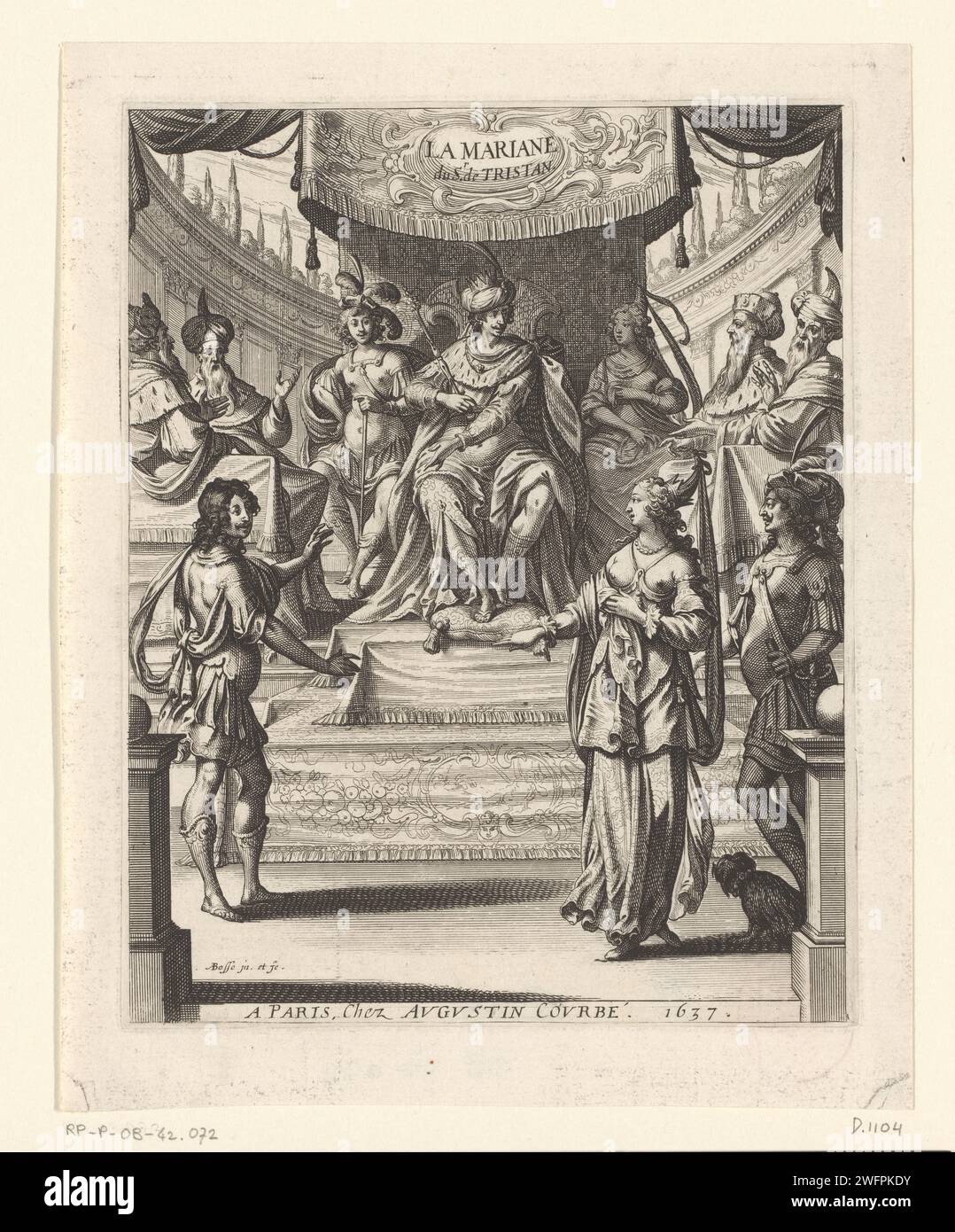 King on a throne under a canopy with other figures, Abraham Bosse, 1637 ...