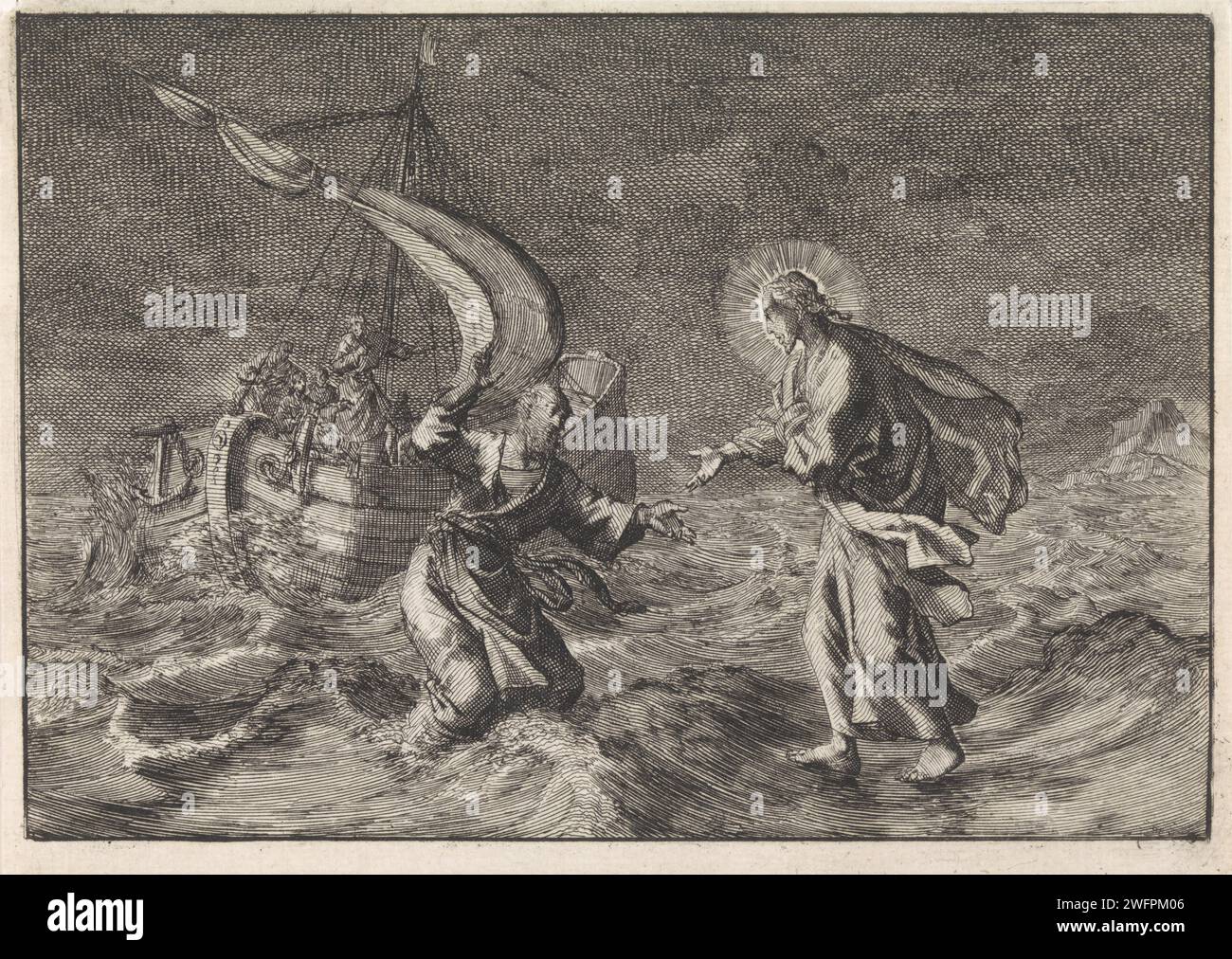 Christ walks over the water during a storm on Lake Galilee, Jan Luyken ...