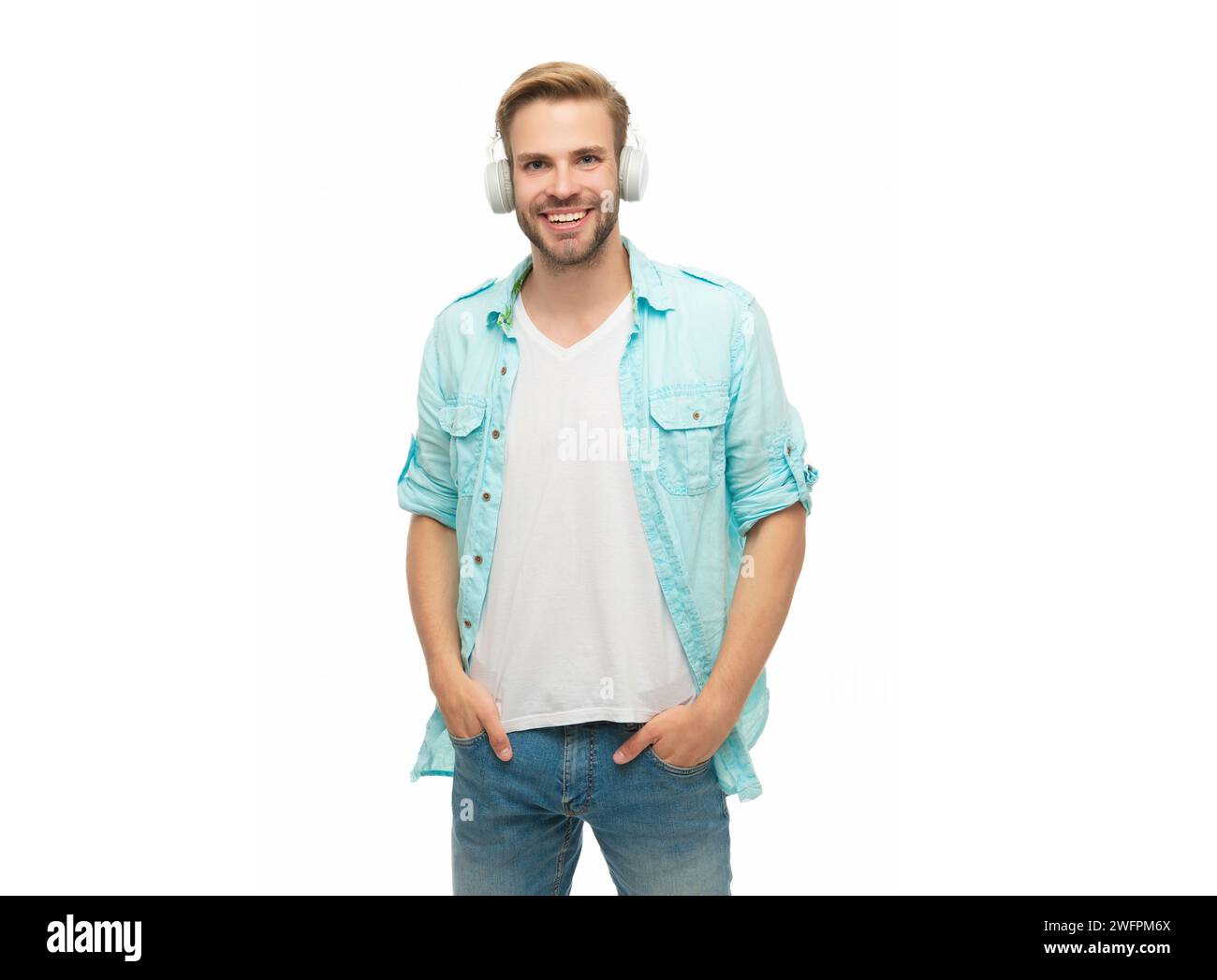 Generation z lifestyle. Man listening audio in music headphones ...