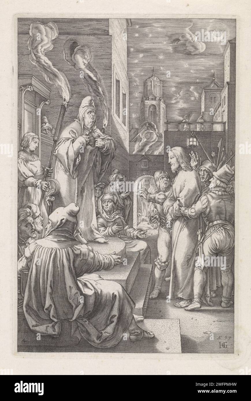 Christ before Caiaphas, Anonymous, After Hendrick Goltzius, 1597 - 1667 print Christ is brought ...