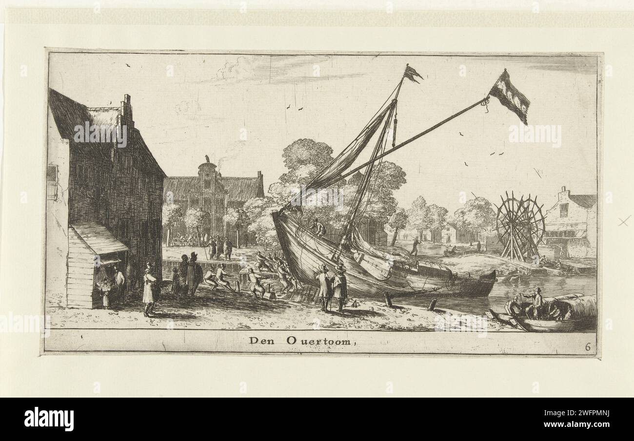 View of the Overtoom, Reinier Nooms, 1652 - 1654 print A ship is pulled ...