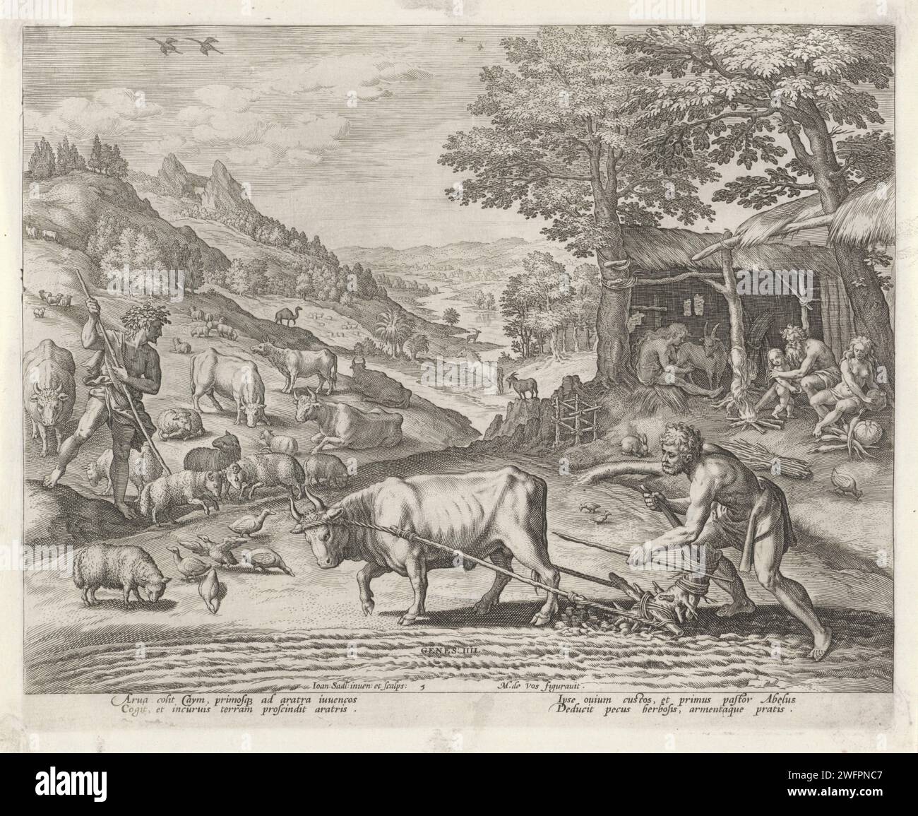 Cain and Abel as farmer and shepherd, Johann Sadeler (I), After Maerten ...