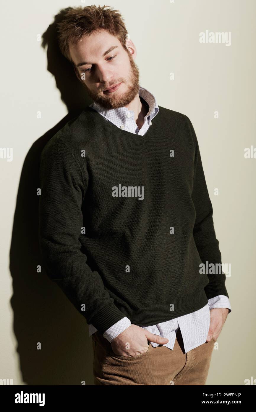 Style, thinking and young man in a studio with classy, elegant and ...
