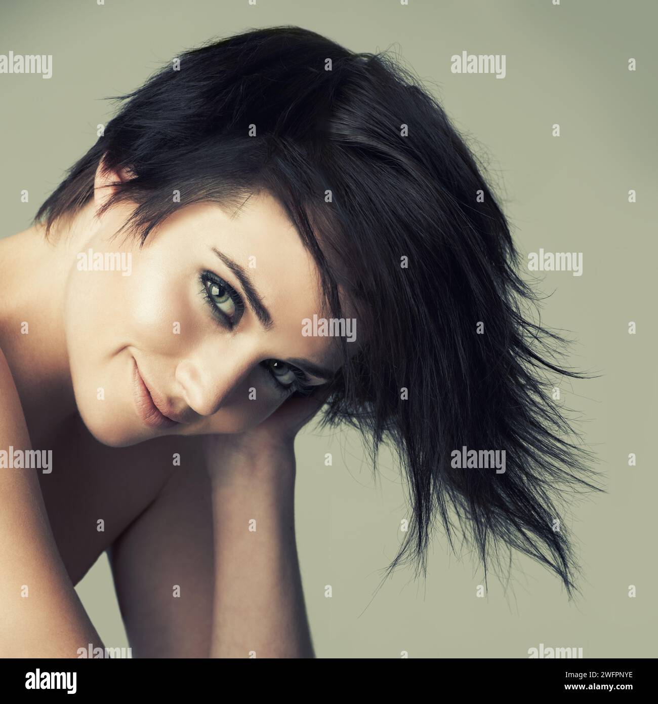 Hair, portrait and woman in studio with shampoo, treatment or haircut ...