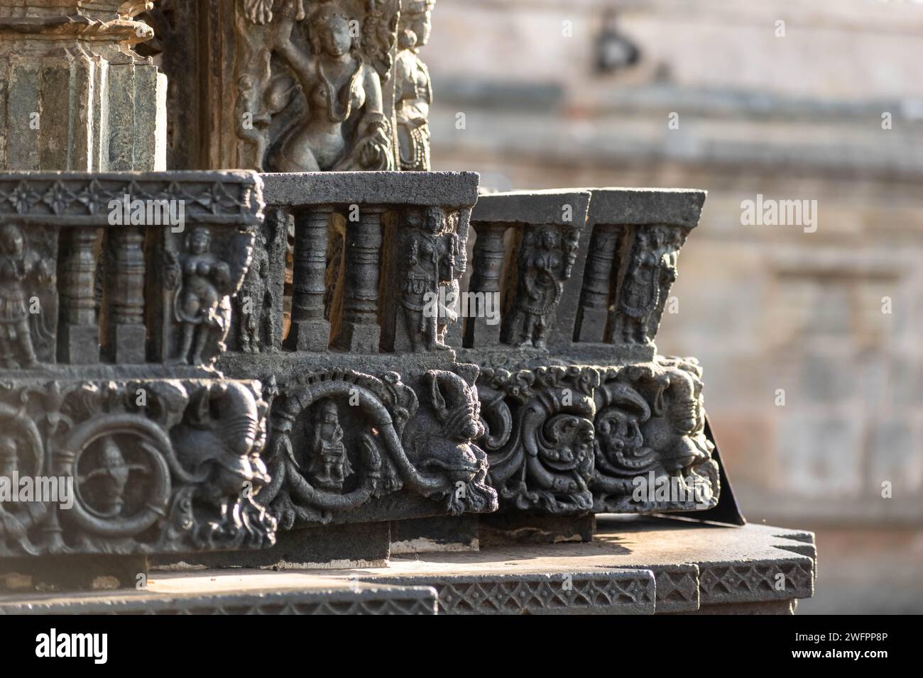 Ornamental detail of intricate carvings on the walls of the ancient ...