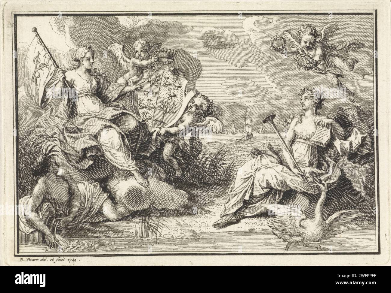 City Virgin with coat of arms, fame and power goddess, Bernard Picart ...