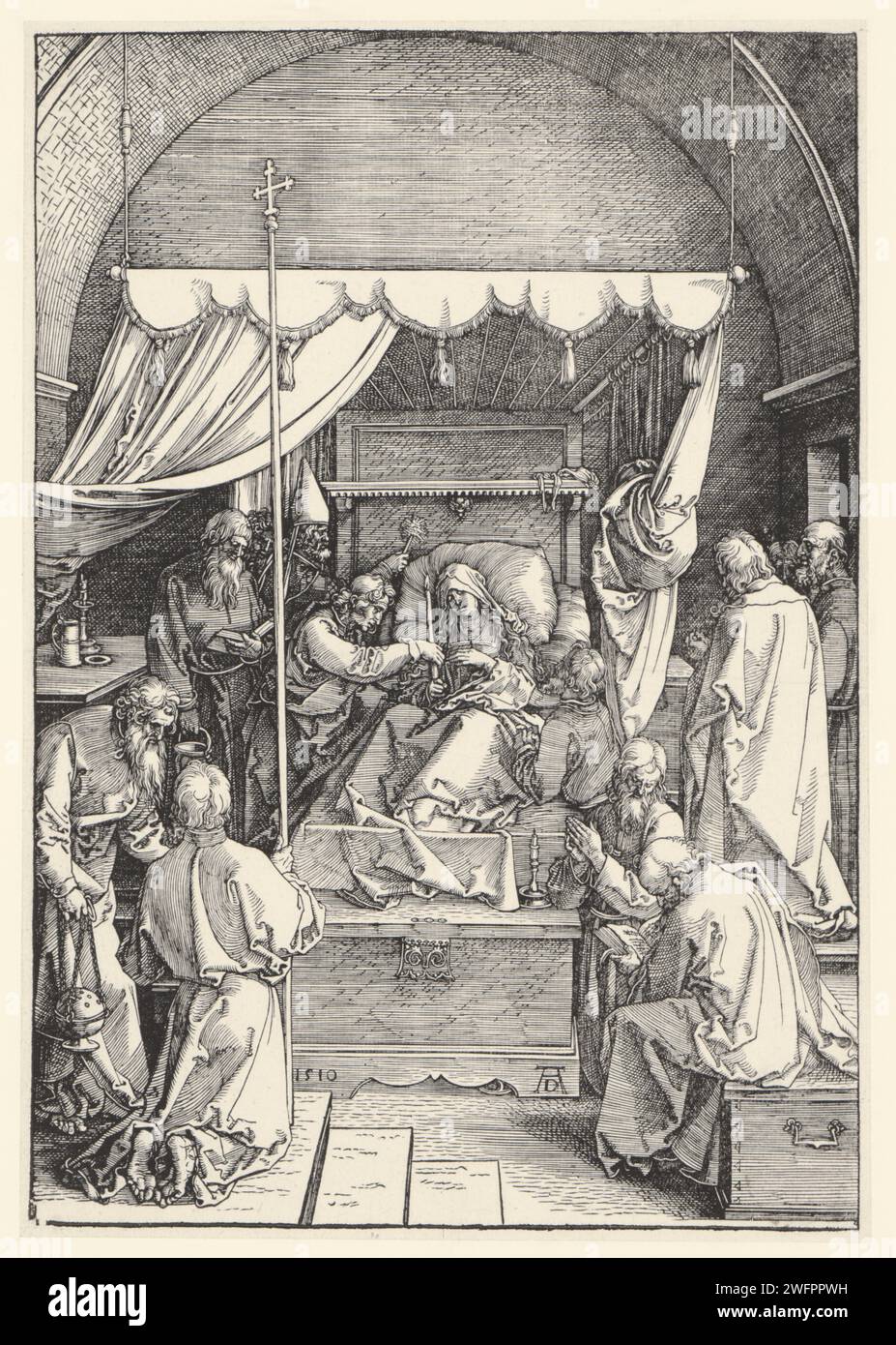 Deathbed of Maria, Albrecht Dürer, 1510 print Maria is in a four ...
