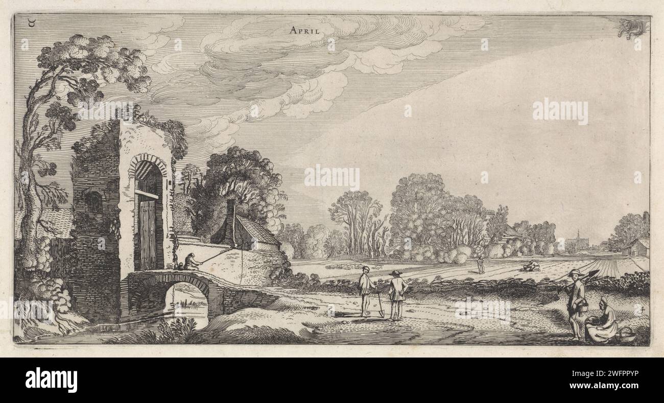 April, Jan van de Velde (II), 1616 print A landscape with fields with a ...