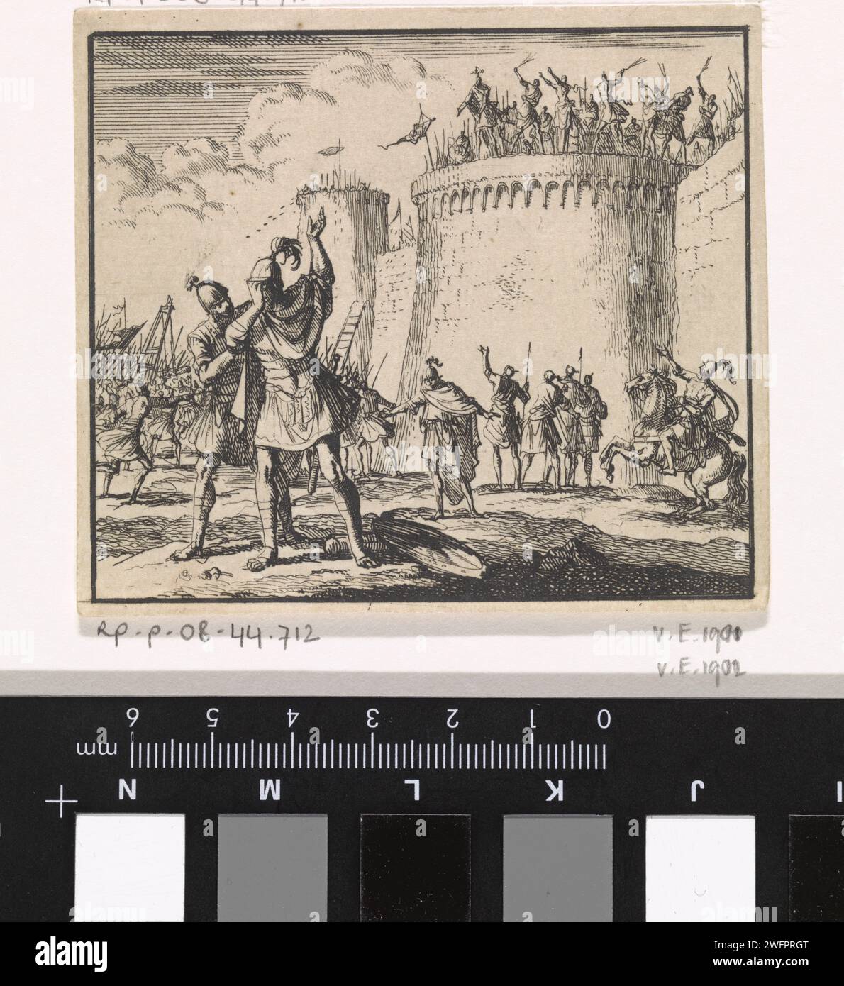 Johannes Hymanus covers his face during the siege of Dagon, Jan Luyken ...