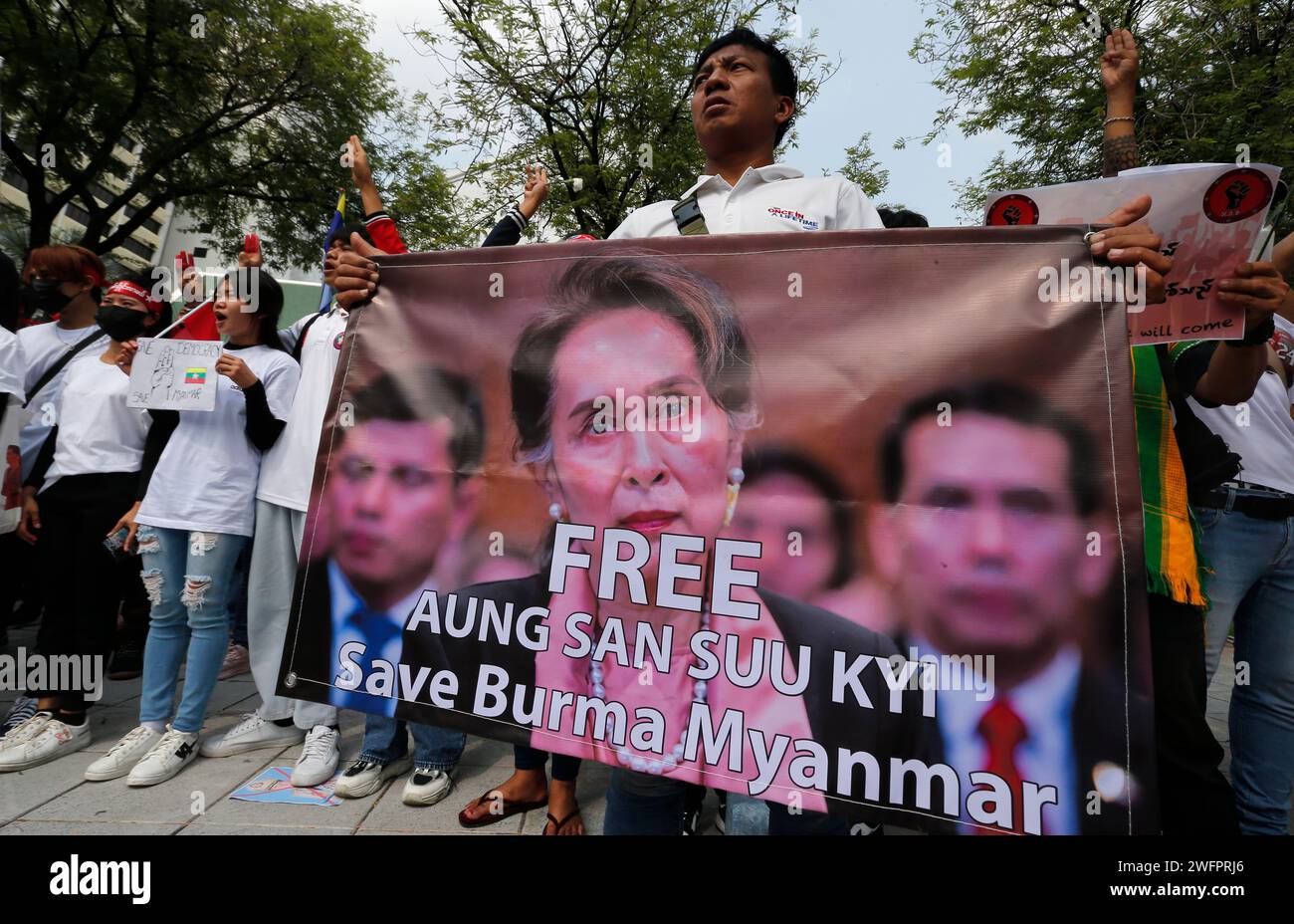 Bangkok, Thailand. 01st Feb, 2024. A protester holds a banner of Aung ...