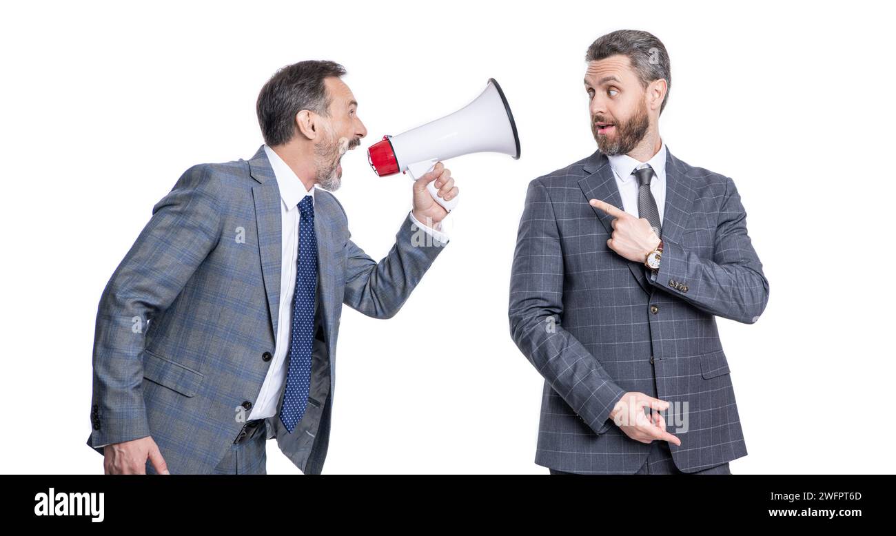 business conflict. businessman shouting in loudspeaker isolated on ...
