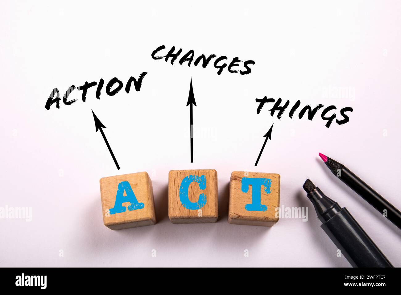Action Changes Things. Wooden blocks on a white office table Stock ...