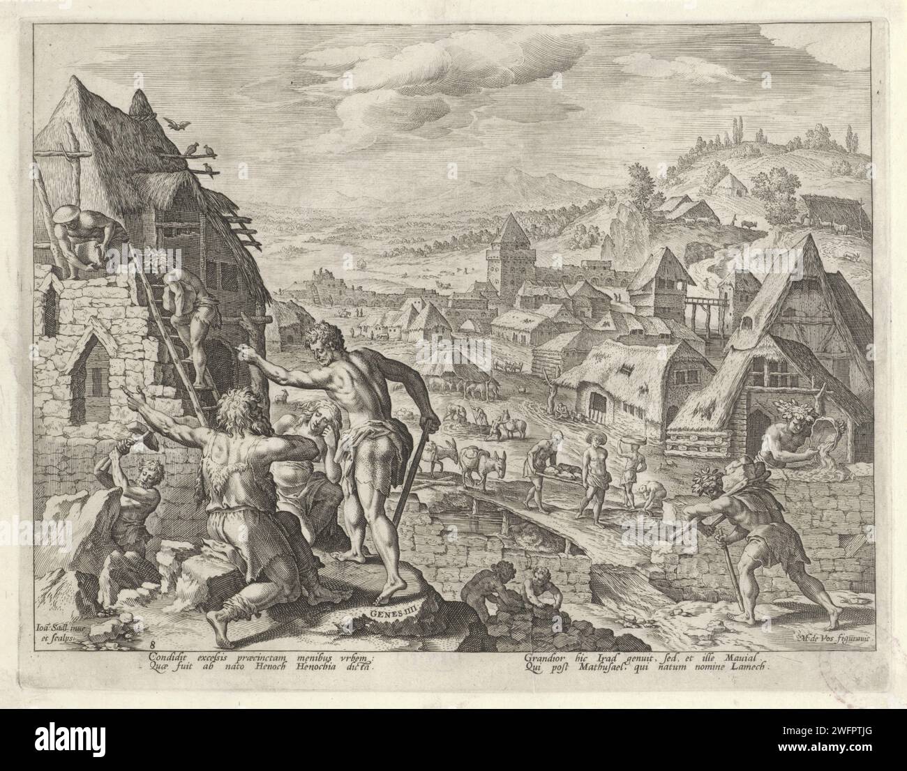 Cain builds the city of Enoch, Johann Sadeler (I), After Maerten de Vos ...