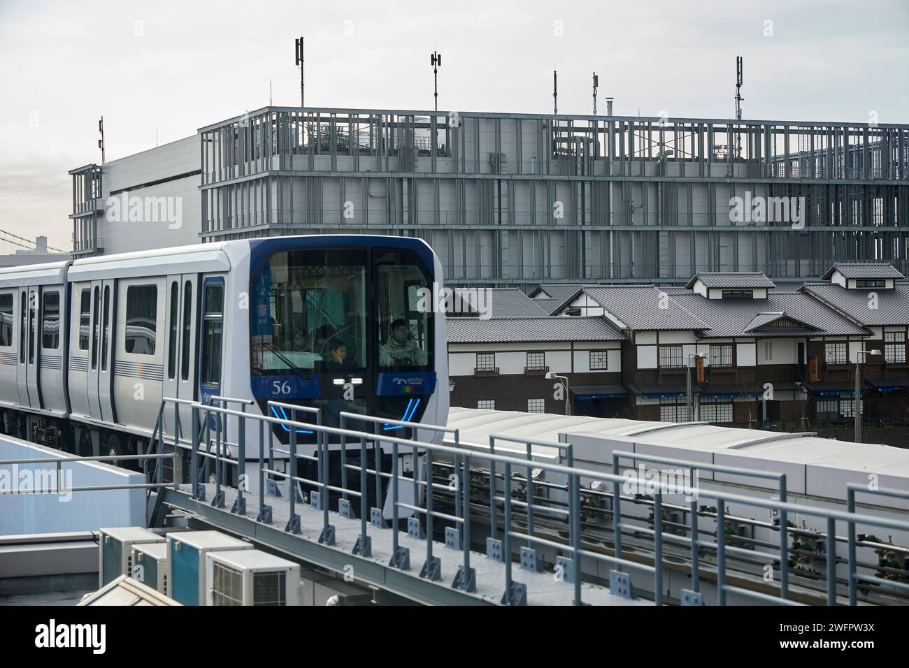 A monorail is seen passing near to the new Toyosu Senkyaku Banrai on February 01, 2024, in Tokyo ...