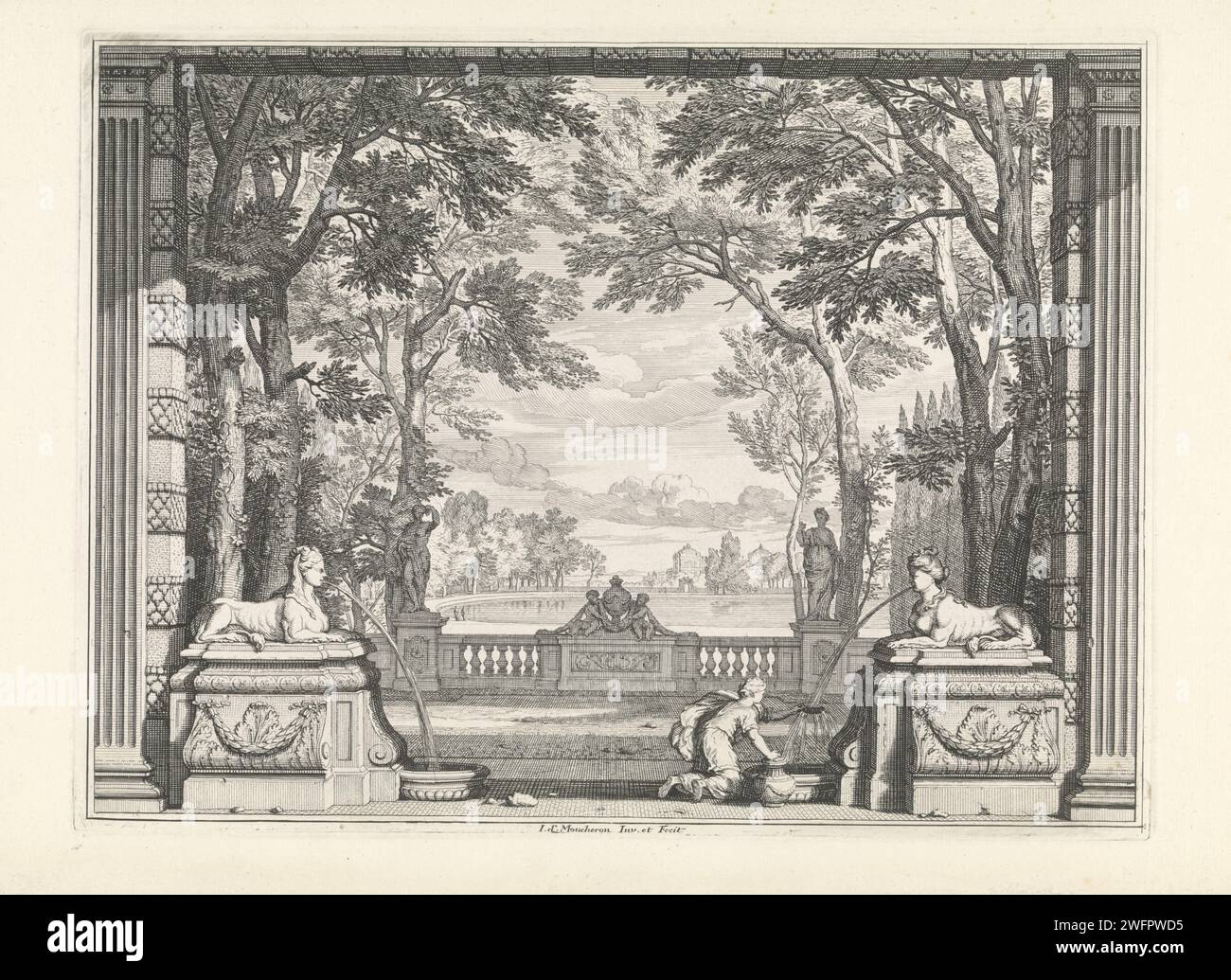 Park landscape with two sphinxes, Isaac de Moucheron, 1687 - 1744 print ...