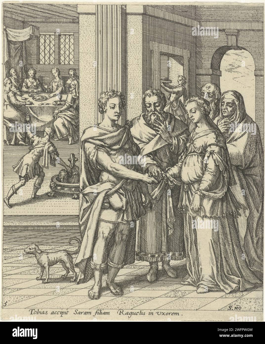 Marriage of Tobias and Sara, Symon Novelanus, 1560 - 1590 print Raguel gives his daughter Sara ...