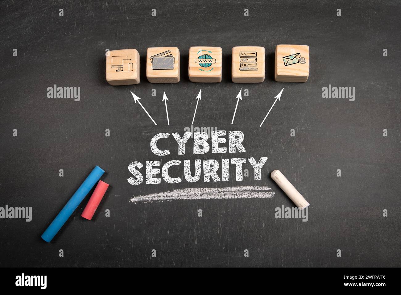 Cyber Security Concept. Wooden blocks on a dark chalkboard background ...