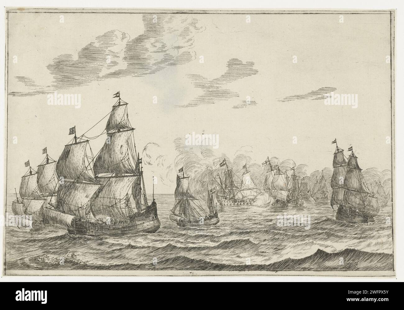 Sea battle, Reinier Nooms, 1652 - 1656 print Left Dutch merchant ships ...