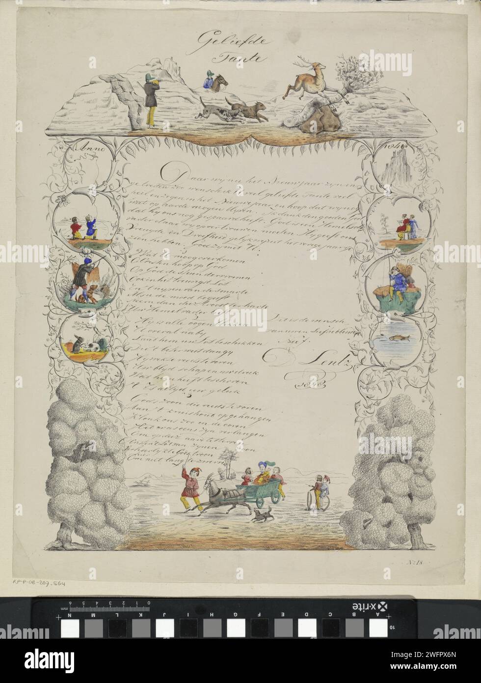 Wish letter with hunting scenes and children playing, 1848 print Wish ...