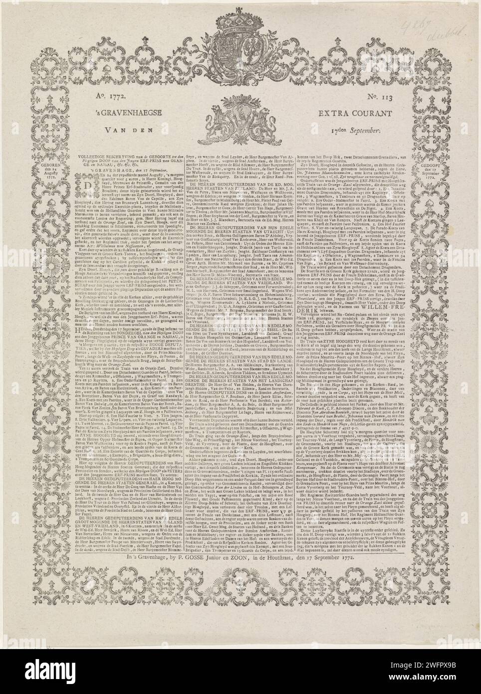 Courant in honor of the birth of William I Frederik, King of the ...