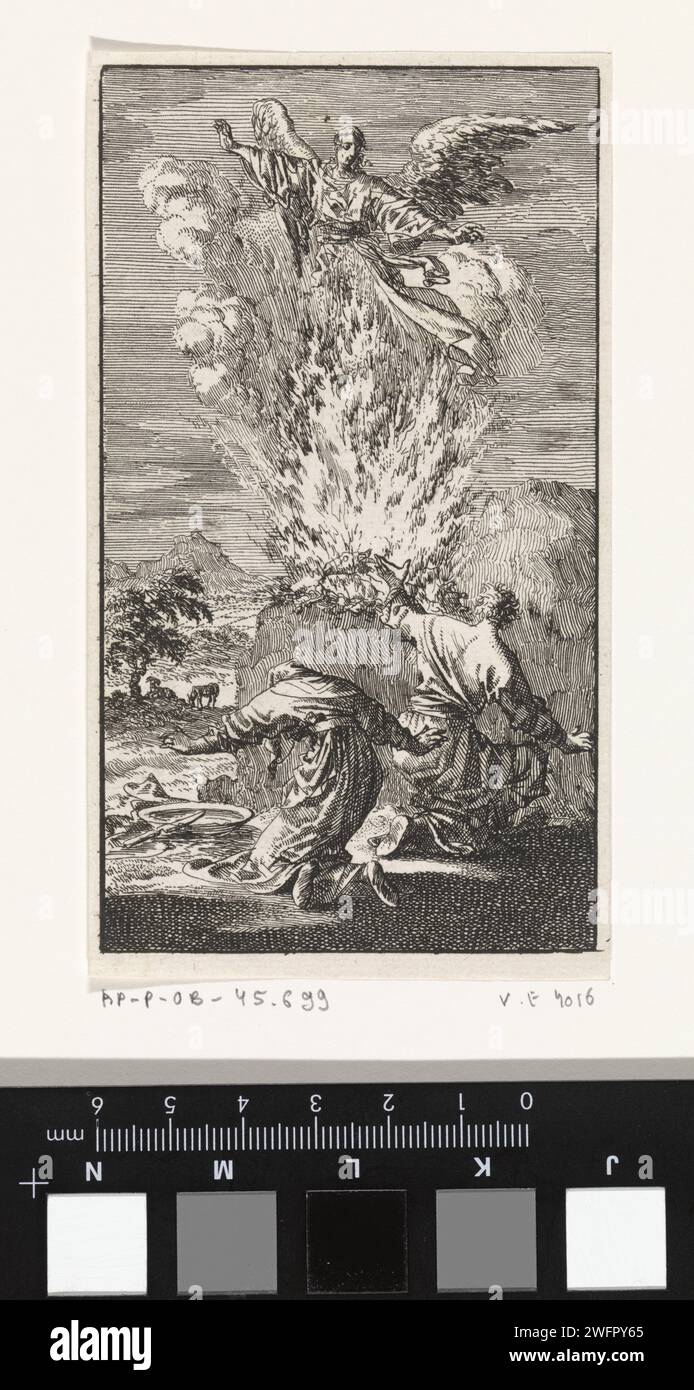 Manoach and his wife see the angel take off in the flame of their sacrifice, Jan Luyken, 1712 ...