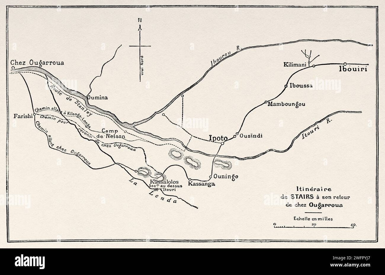 Map of the route from the Stairs to Ougarroua. Africa. Emin Pasha ...