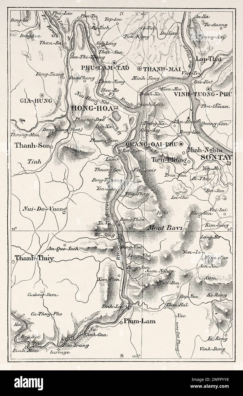 Map of the Than-mai region and the Black River, Vietnam, Indochina ...