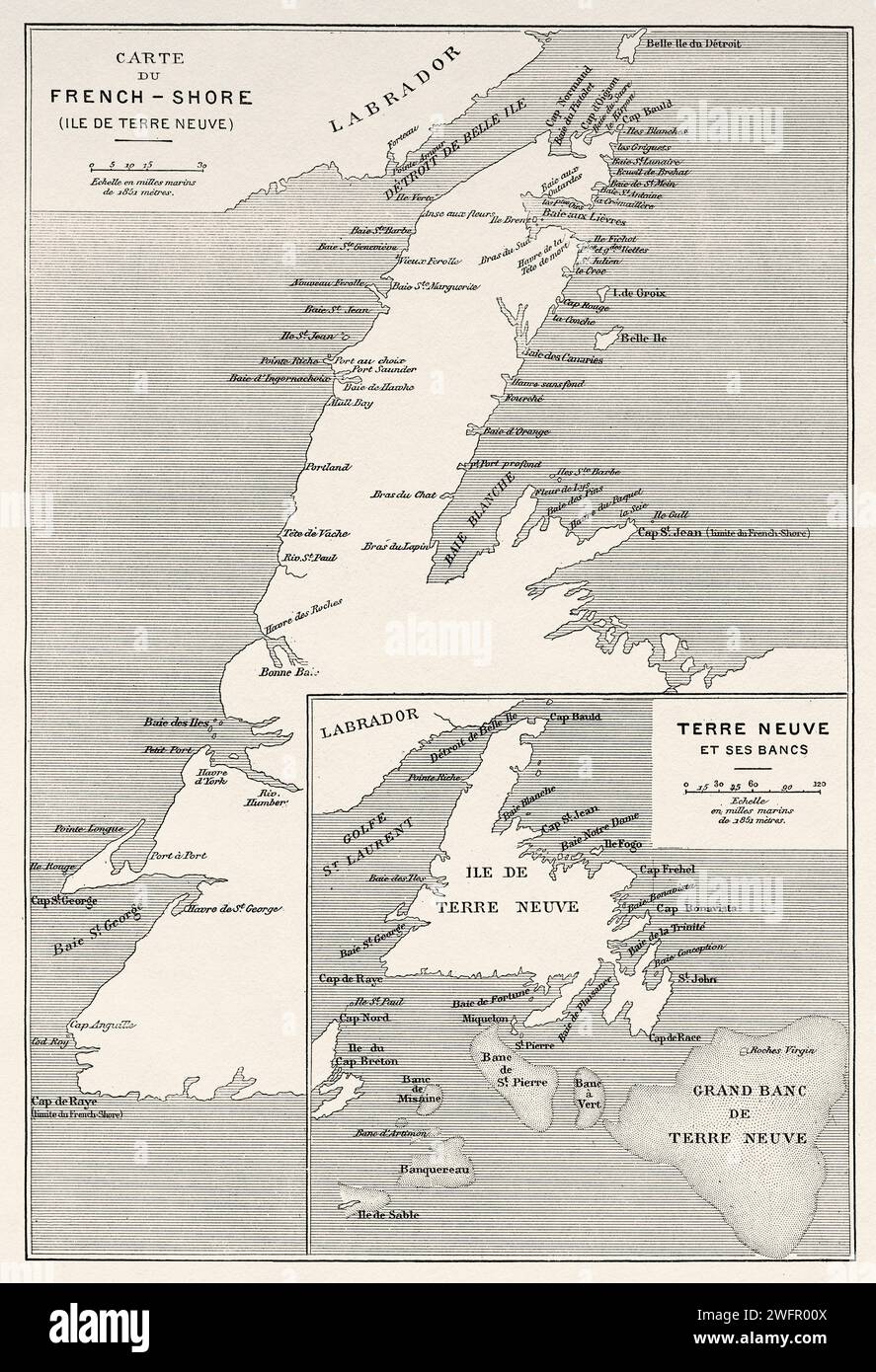 Old map of the french coast island of Newfoundland and Labrador, Canada ...