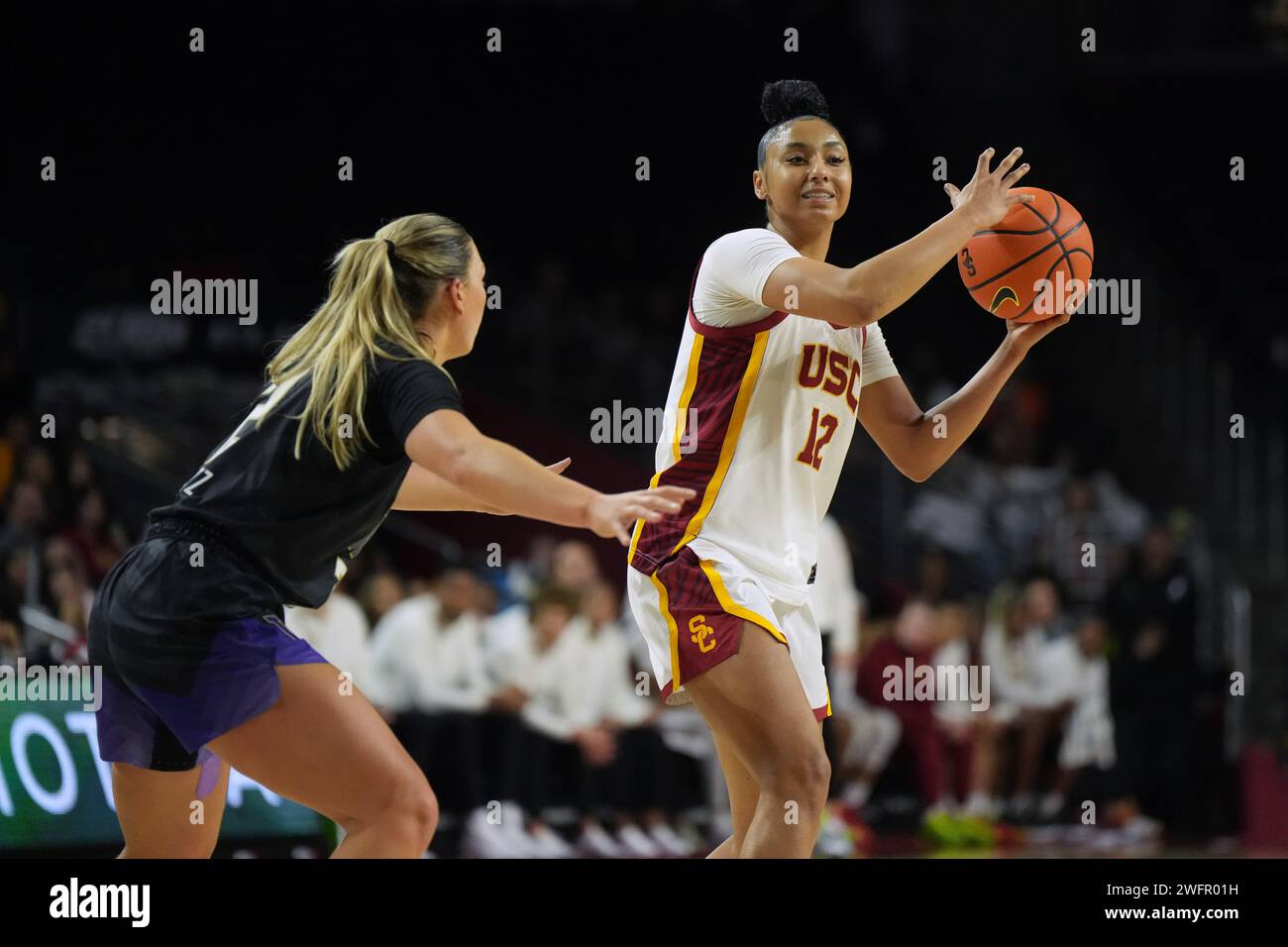 Southern California Trojans guard JuJu Watkins (12) is defended by ...