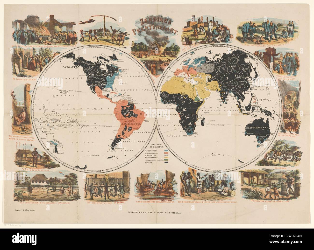 Mission world card and religious scenes, Anonymous, Pieter Willem ...