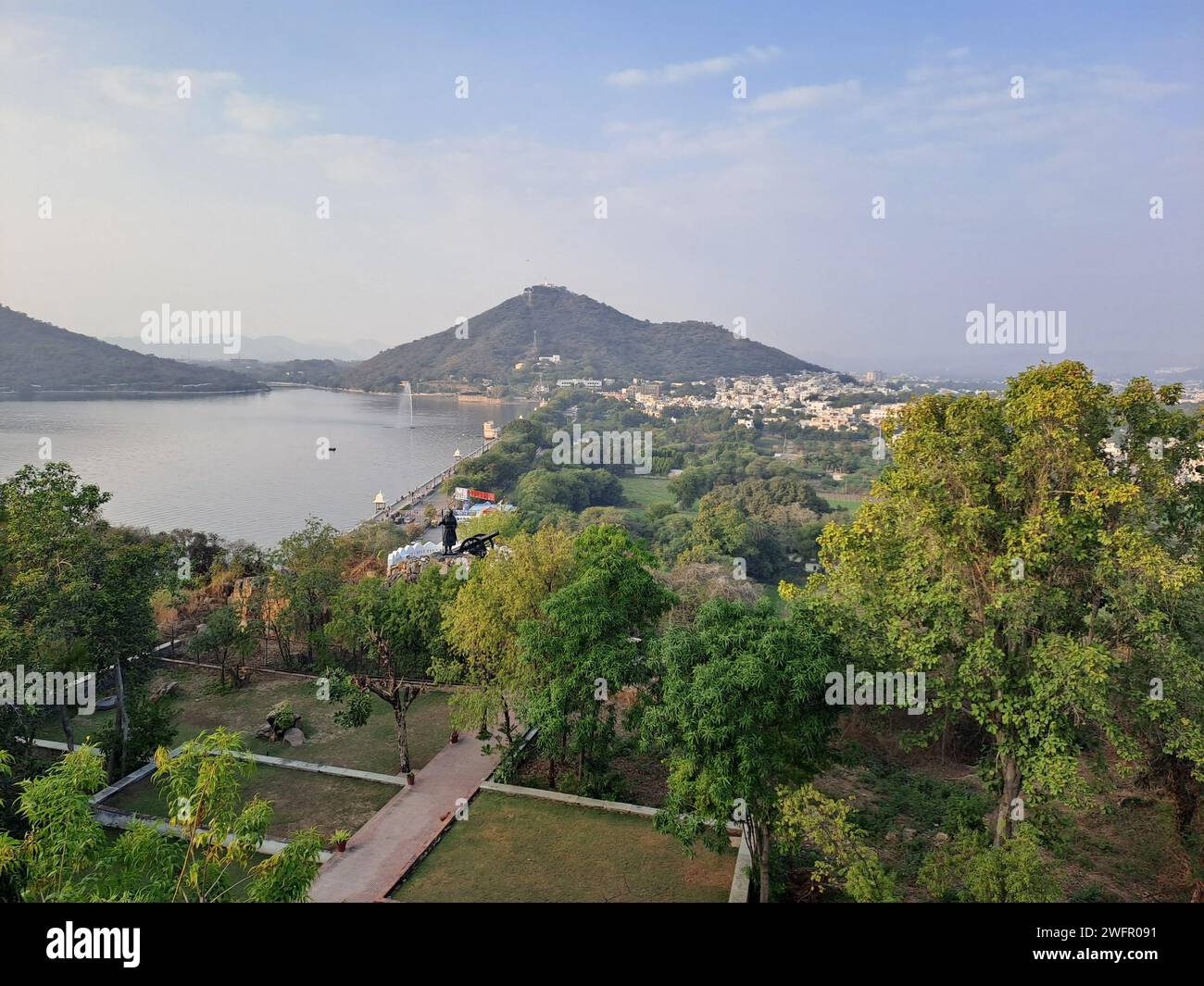 Distant view of the Statue of Hakim Khan Sur at Moti Magri in Udaipur ...