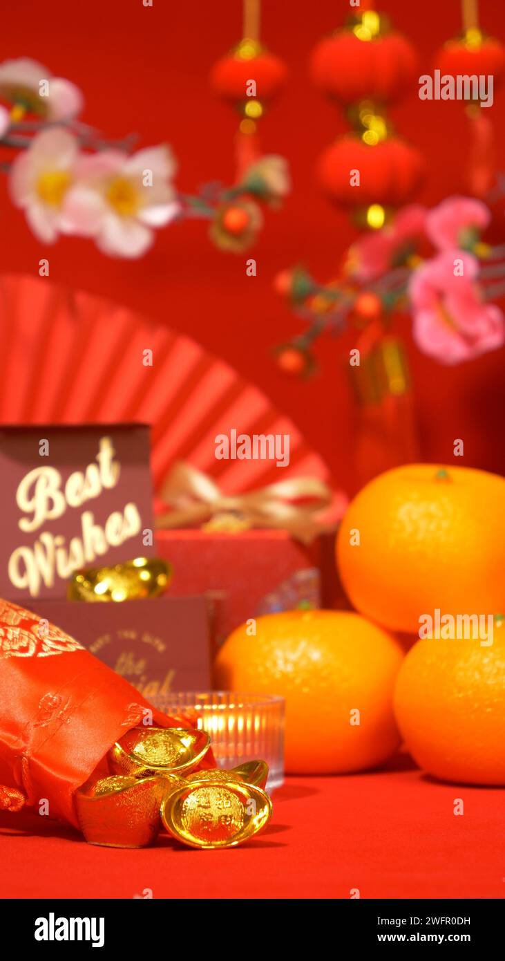 Chinese Lunar New Year background. ancient Chinese gold bar in silk bag ...