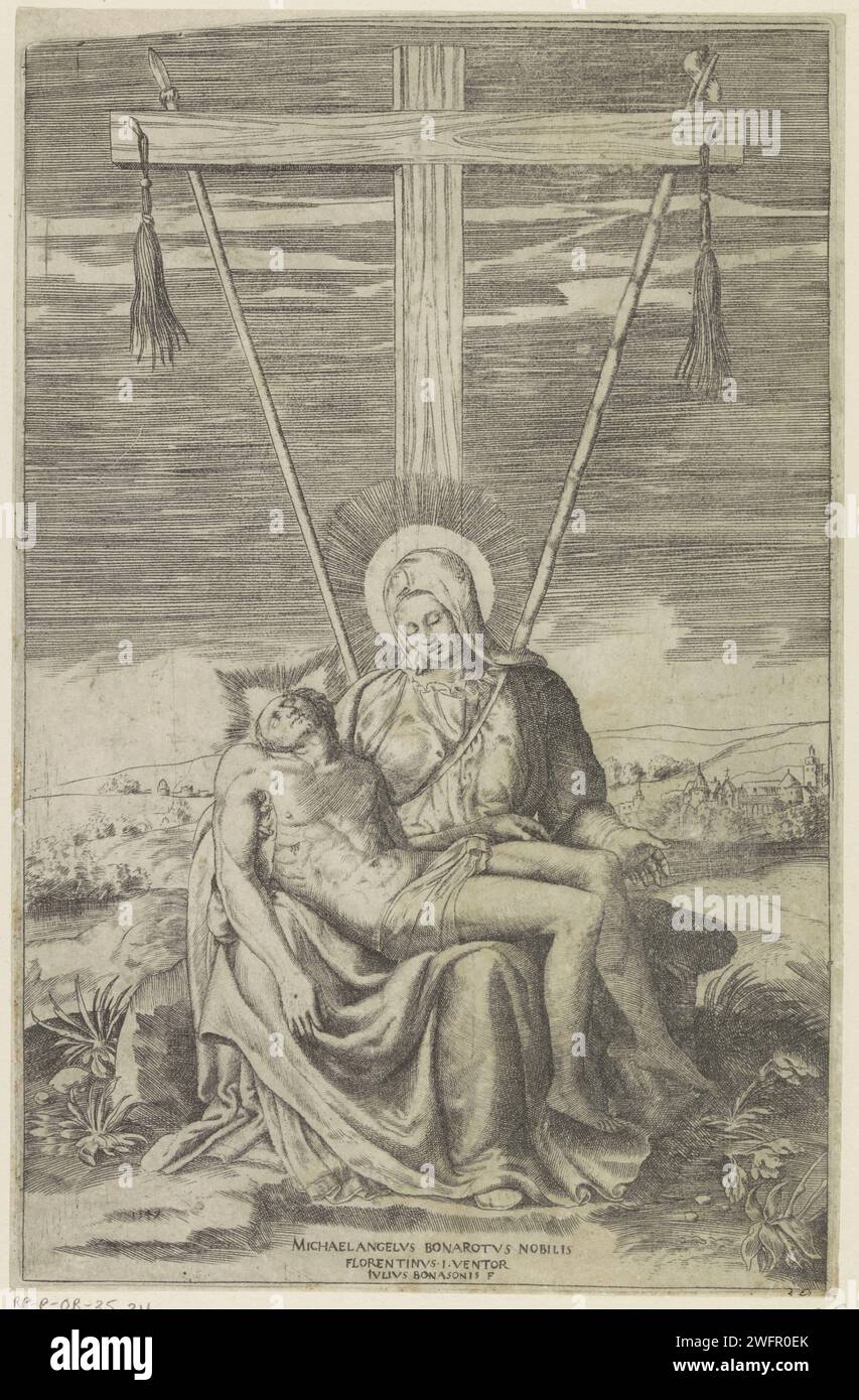 Piëta, Giulio Bonasone, After Michelangelo, 1547 print Maria is advancing the Dead Christ, who ...