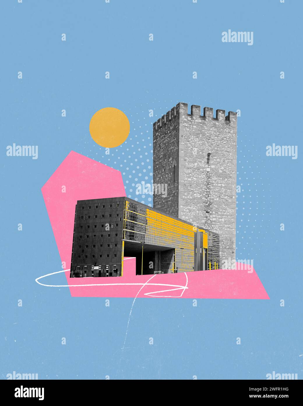 Poster. Contemporary art collage. Medieval tower and modern building ...