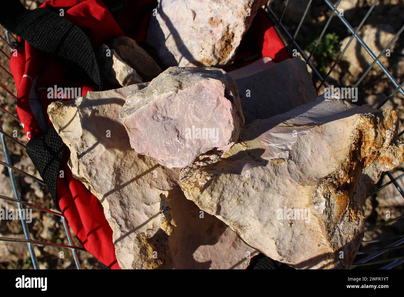 Samples of pinkish marble-like limestone collected from a stone quarry ...