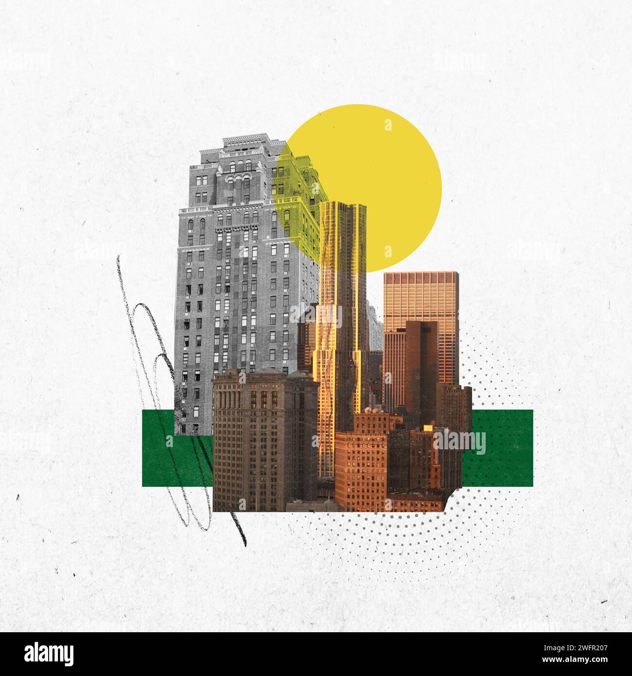 Modern aesthetic artwork. Collage of skyscrapers in an urban skyline ...