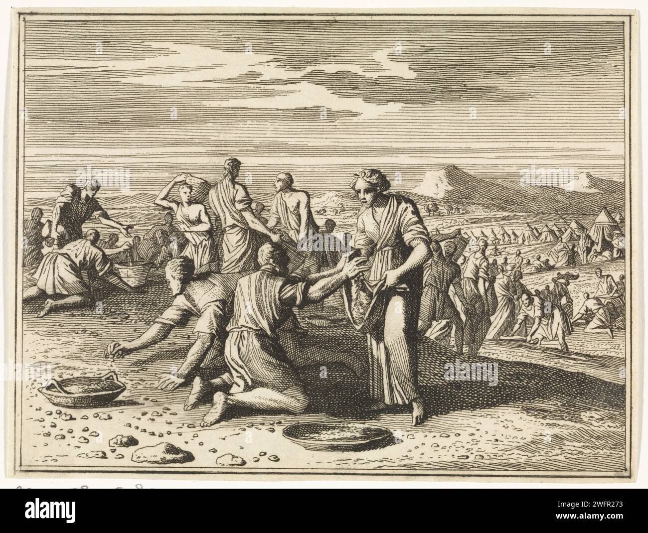 Collecting the Manna in the desert, Caspar Luyken, 1712 print Amsterdam paper etching miracle of ...