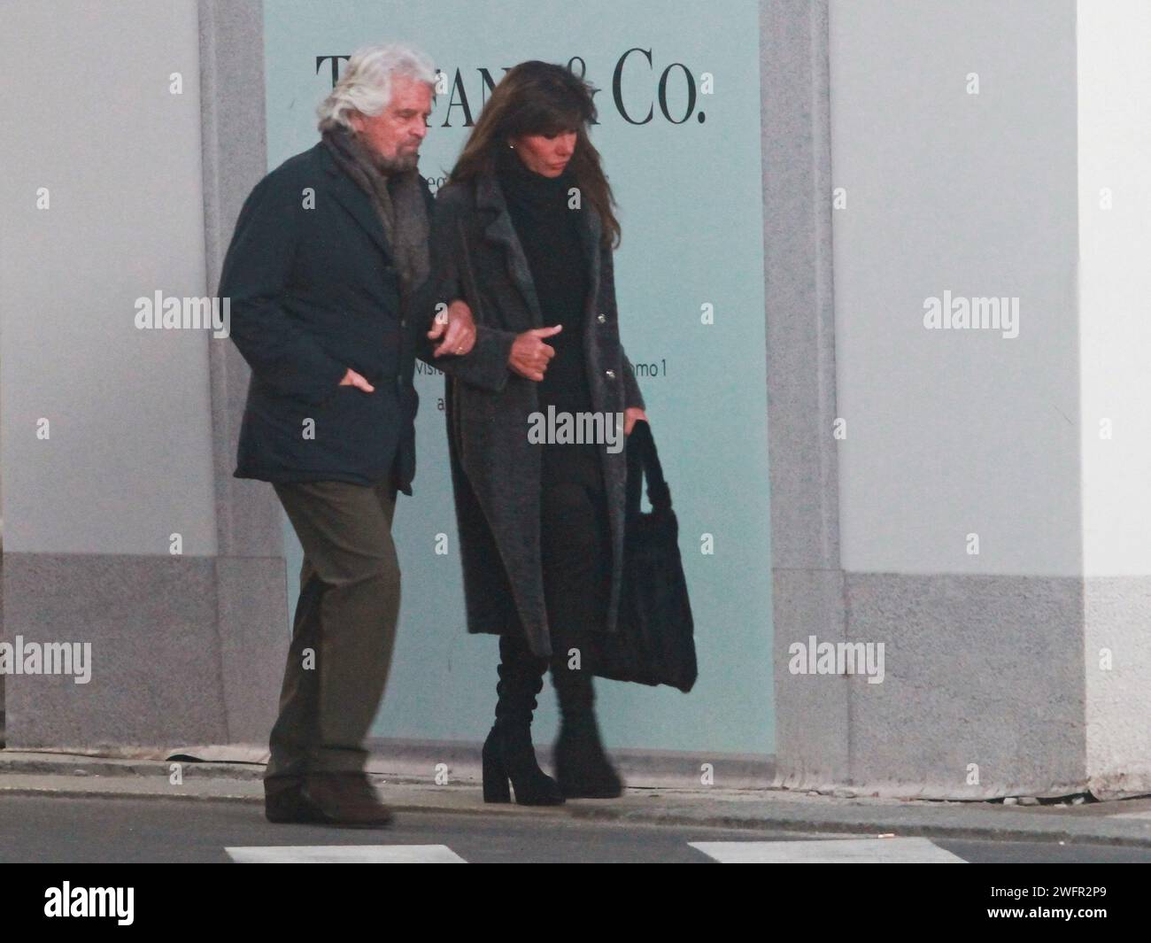 Milan, . 31st Jan, 2024. Milan Beppe Grillo with his wife Parvin Tadjk ...