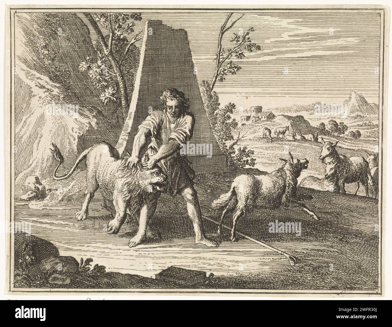 David Releases a sheep from the mouth of a lion, Caspar Luyken, 1712 ...