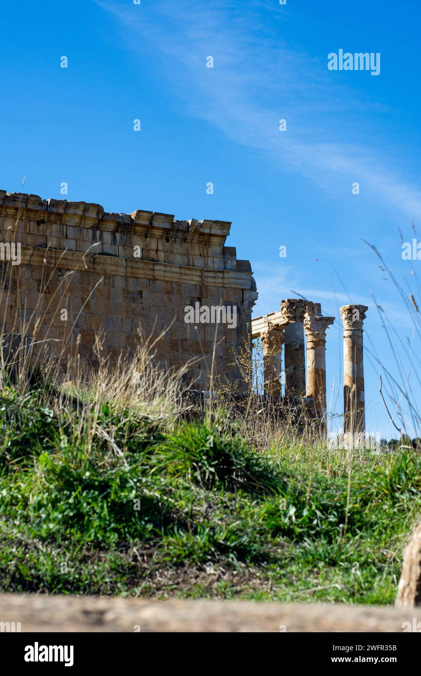 Low-angle view of a Roman temple against the sky in the ancient Roman ...