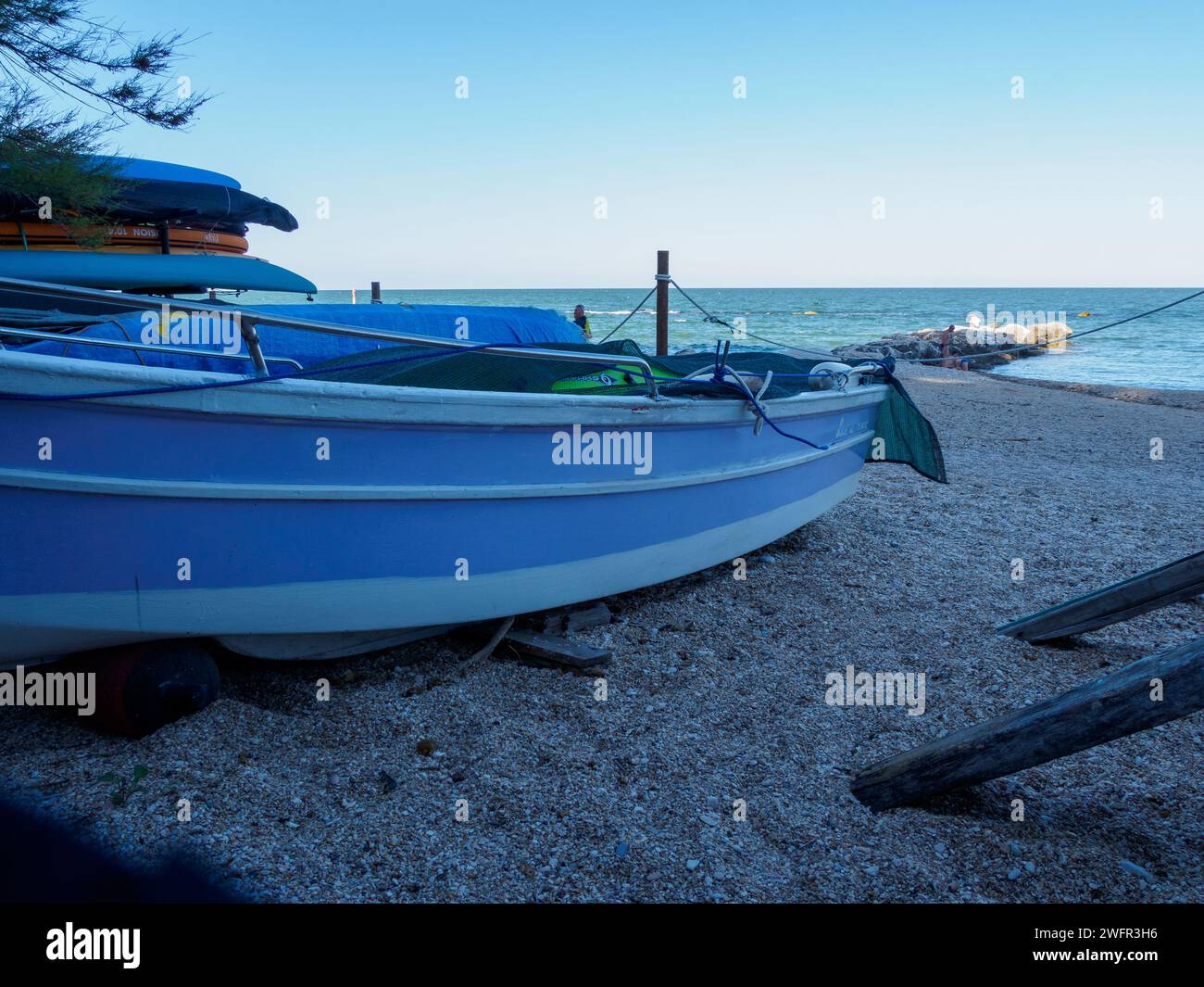 boats on the seand, empty Beach scene in spring time , Adriatic sea in ...
