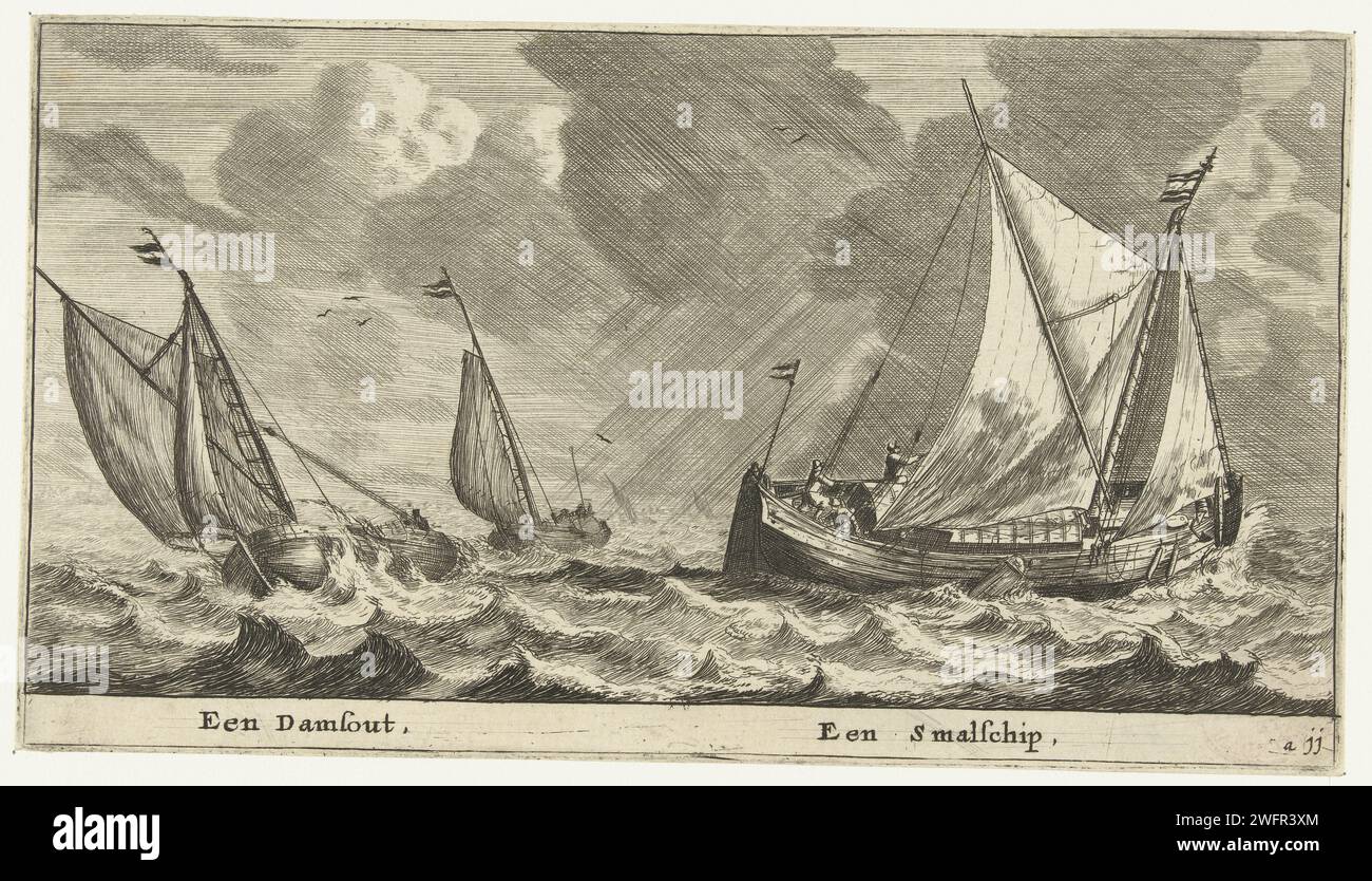 Two ships: A Damschuit a narrow ship, Reinier Nooms, 1652 - 1654 print ...