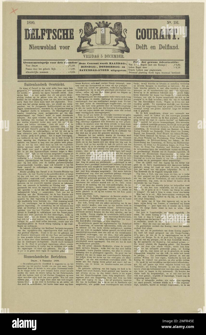 Newspaper with an article about the funeral of William III, King of the ...