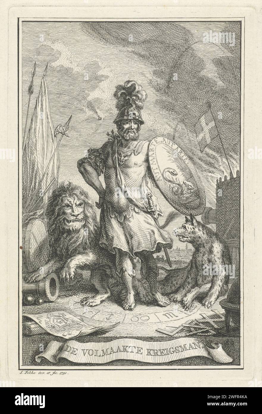 Warrior flanked by a lion and panther, Simon Fokke, 1750 print A ...