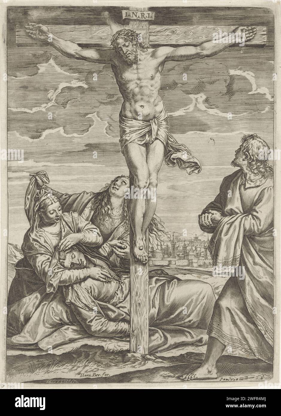 Crucifixion of Christ, Agostino Carracci, After Paolo Veronese, 1567 - 1602 print Christ hangs ...