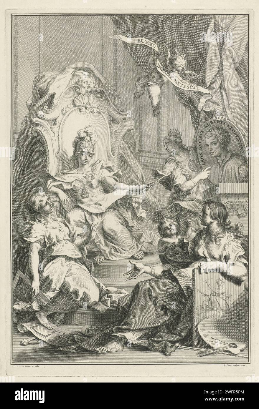 Allegorical title page with the portrait of Leon Battista Alberti, Bernard Picart, 1726 print ...