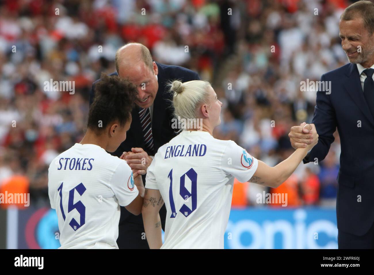 Demi Stokes, Beth England, HRH Prince William UEFA Women's Euro Final 2022 England v Germany at ...